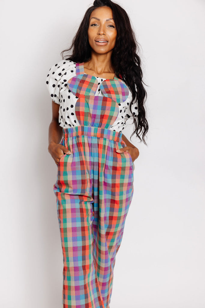 ADULT RAINBOW CHECK MOUSE OVERALLS – PEPPER KIDS